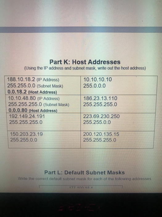 Solved Part K: Host Addresses (Using the IP address and | Chegg.com
