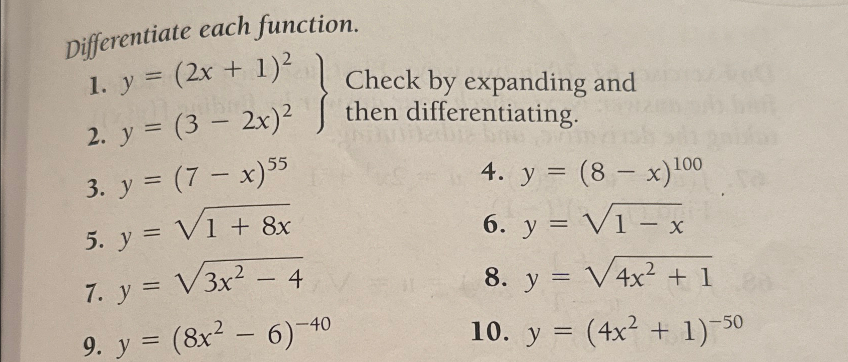 Solved Differentiate each function.y=(4x2+1)-50 | Chegg.com