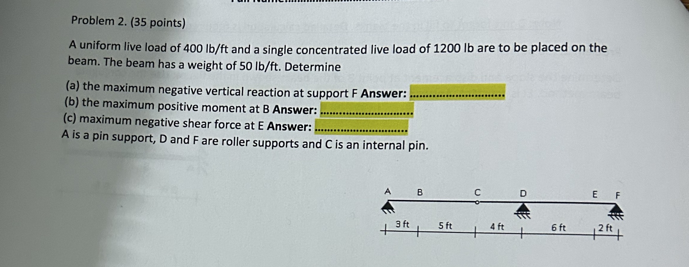 Solved Problem 2. (35 ﻿points)A uniform live load of 400lbft | Chegg.com