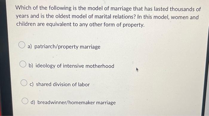 Which of the following is the model of marriage that | Chegg.com
