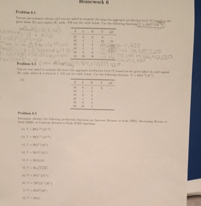 Solved Homework 6Problem 6.1(a) ﻿Row (a)\table[[A,L,K,Y,ΔY | Chegg.com