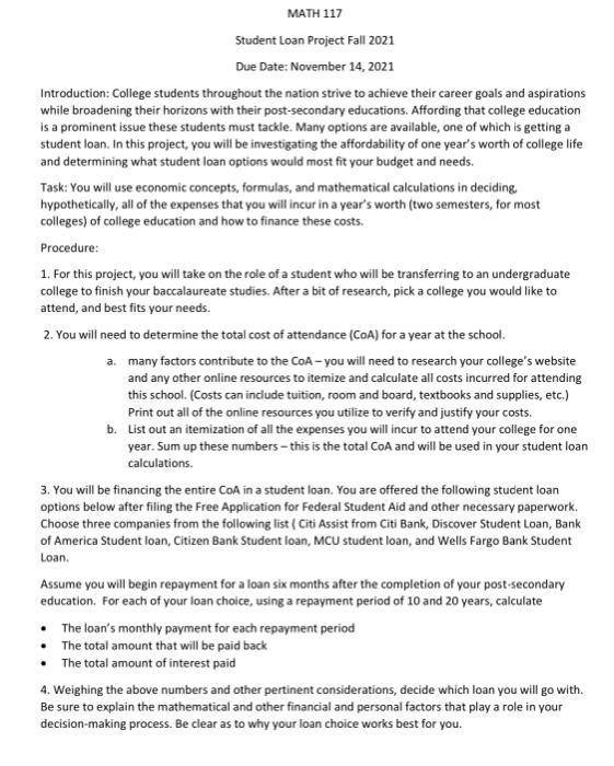 Solved MATH 117 Student Loan Project Fall 2021 Due Date: | Chegg.com