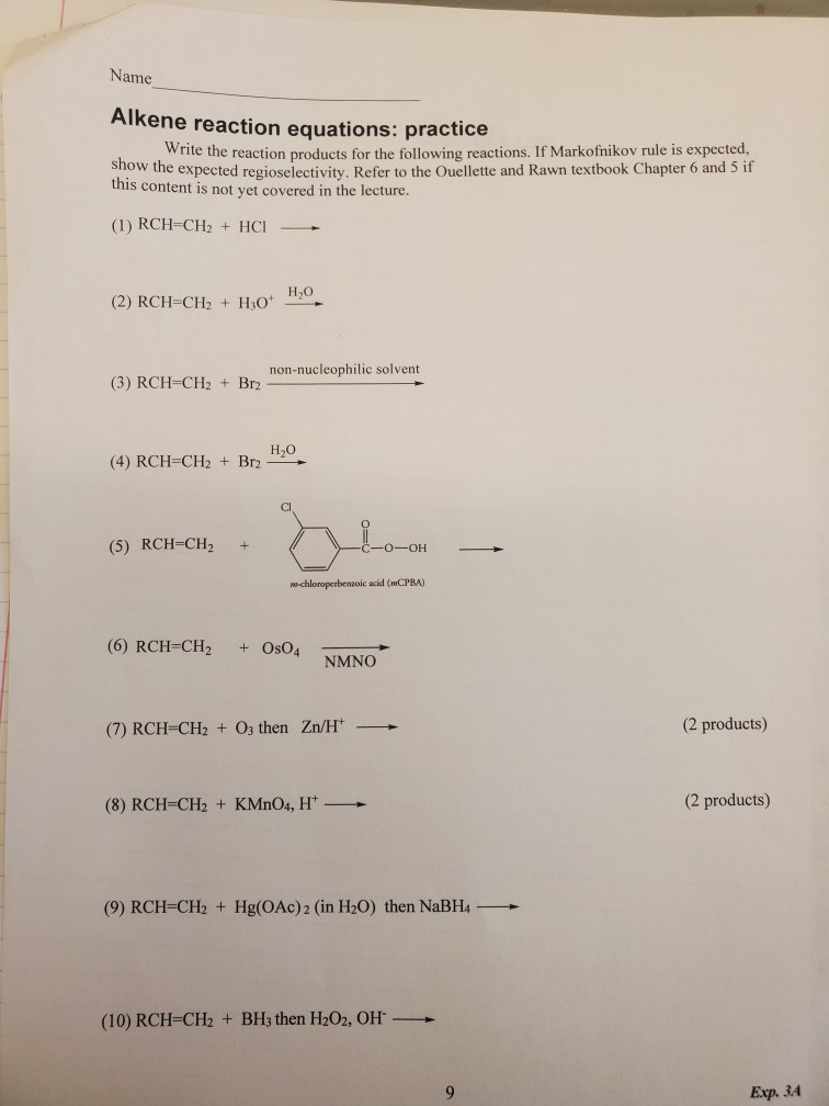 Solved Name Alkene reaction equations: practice Write the | Chegg.com