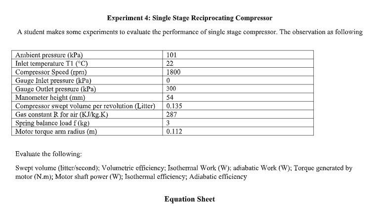 Solved Experiment 4: Single Stage Reciprocating Compressor A | Chegg.com