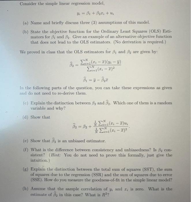 Consider the simple linear regression model, y₁ = B₁ | Chegg.com