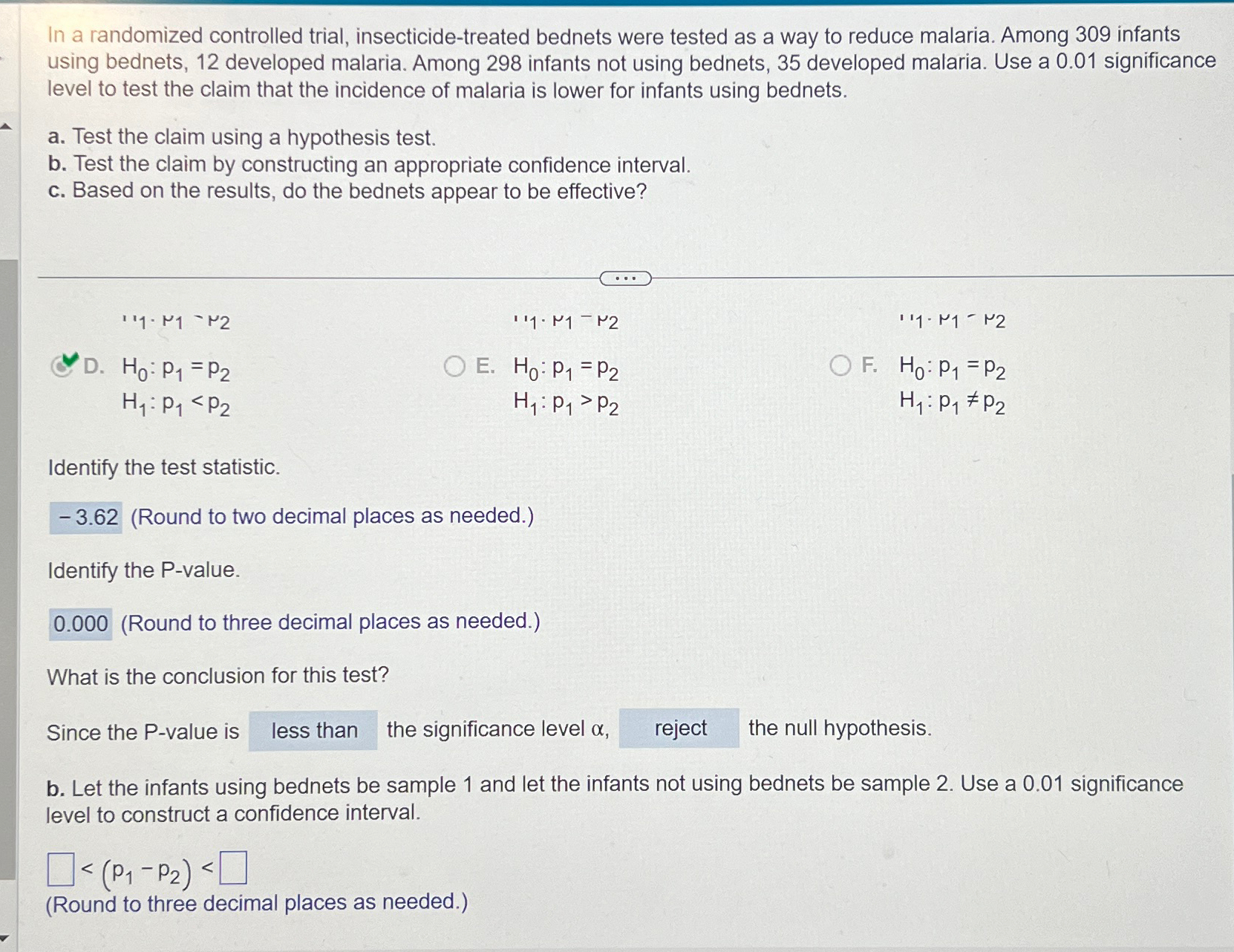 Solved In a randomized controlled trial, insecticide-treated | Chegg.com