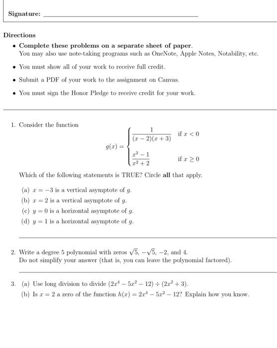 Solved Signature: Directions - Complete these problems on a | Chegg.com