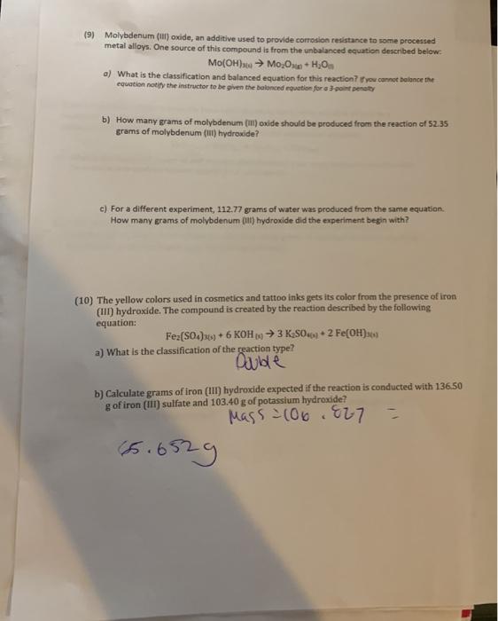 Solved (9) Molybdenum (u) oxide, an additive used to provide | Chegg.com