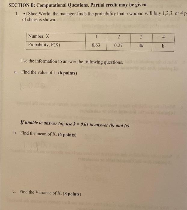 Solved SECTION B: Computational Questions. Partial credit | Chegg.com