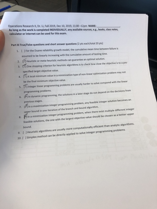 Solved Operations Research II, Dr. Li, Fall 2019, Dec 10, | Chegg.com