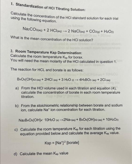 Solved 1. Standardization of HCl Titrating Solution: | Chegg.com
