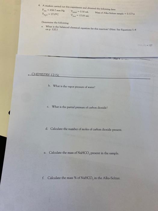 Solved PRELAB Analysis of Alka Selter Via Gas Evolution NAME | Chegg.com