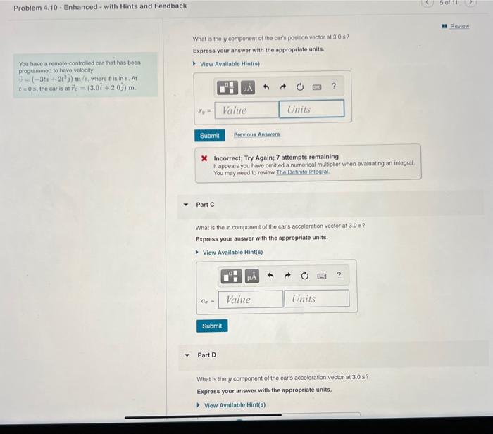 Solved What is the y component of the cars position vector | Chegg.com