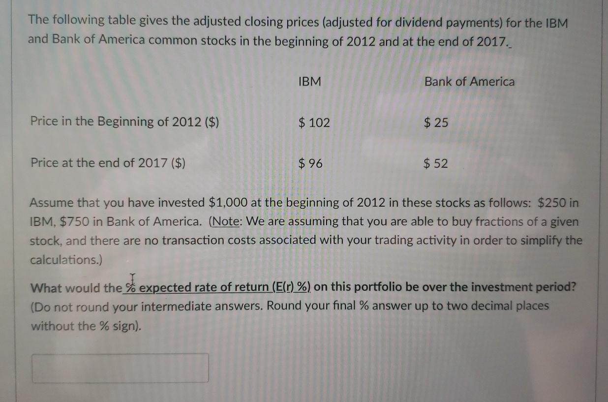 Solved The following table gives the adjusted closing prices | Chegg.com