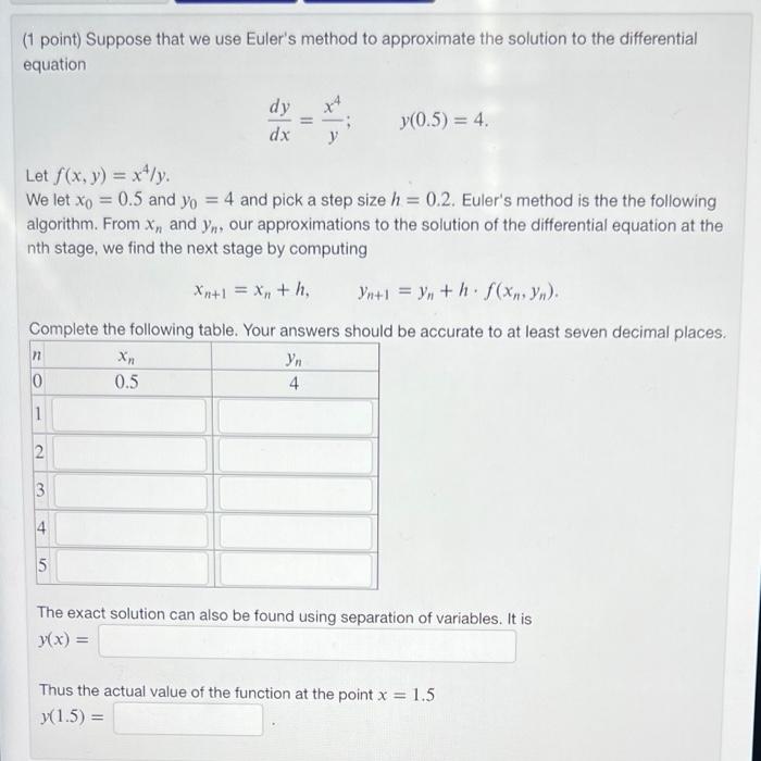 Solved (1 point) Suppose that we use Euler's method to | Chegg.com