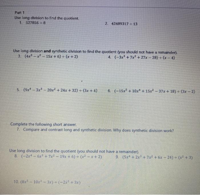 Solved Part 1 Use long division to find the quotient. 1. | Chegg.com