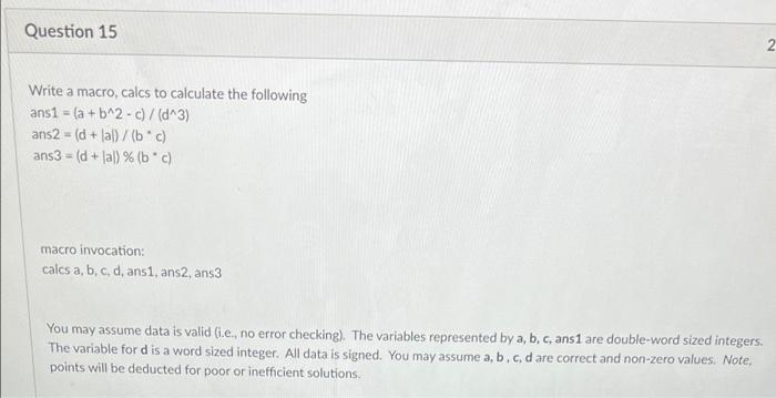 Question 15 N - Write a macro, calcs to calculate the | Chegg.com
