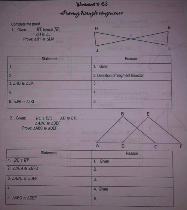 Solved Worksheet \# 63 Proving triangle congruence Complete | Chegg.com
