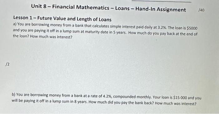 Solved Lesson 1 - Future Value and Length of Loans a) You | Chegg.com