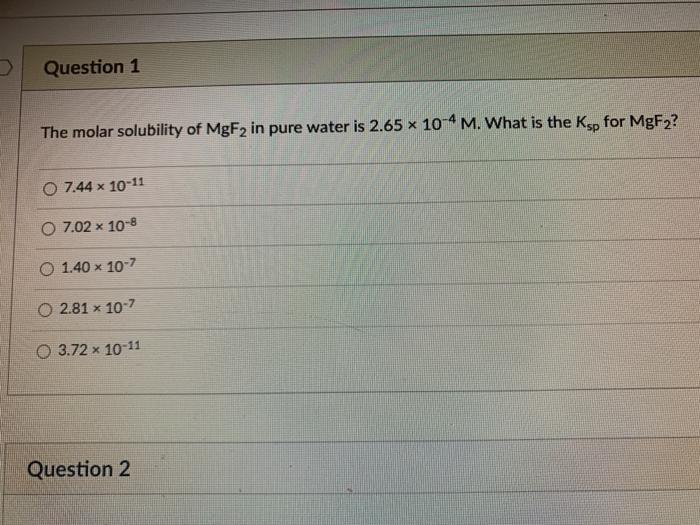 Solved Question 1 The molar solubility of MgF2 in pure water | Chegg.com