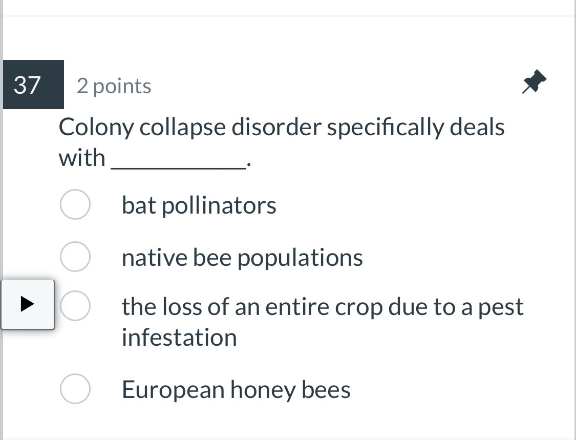 Solved 2 ﻿pointsColony collapse disorder specifically deals | Chegg.com