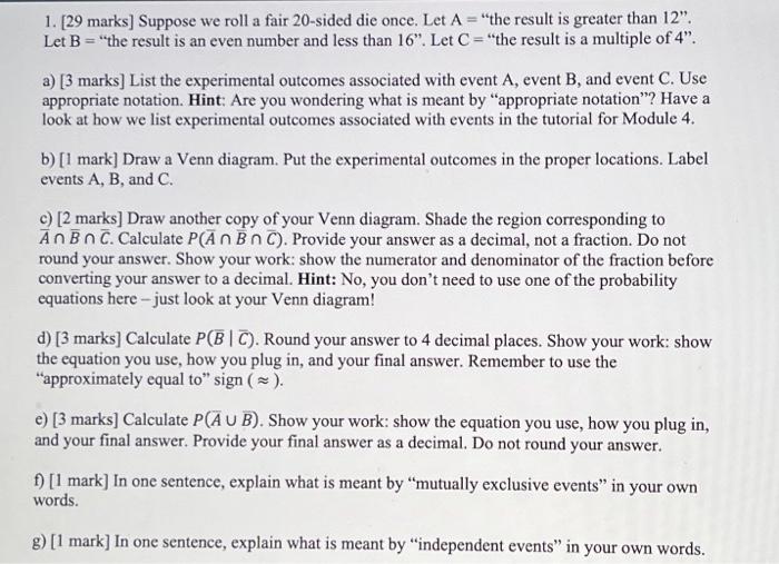 Solved 1. [29 marks] Suppose we roll a fair 20 -sided die | Chegg.com