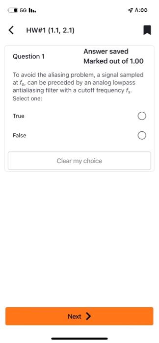 Solved Marked out of 1.00 To avoid the aliasing problem, a | Chegg.com