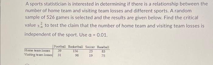 Solved A sports statistician is interested in determining if | Chegg.com
