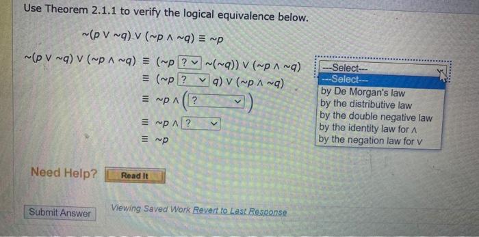 Solved Use Theorem 2.1.1 to verify the logical equivalence | Chegg.com