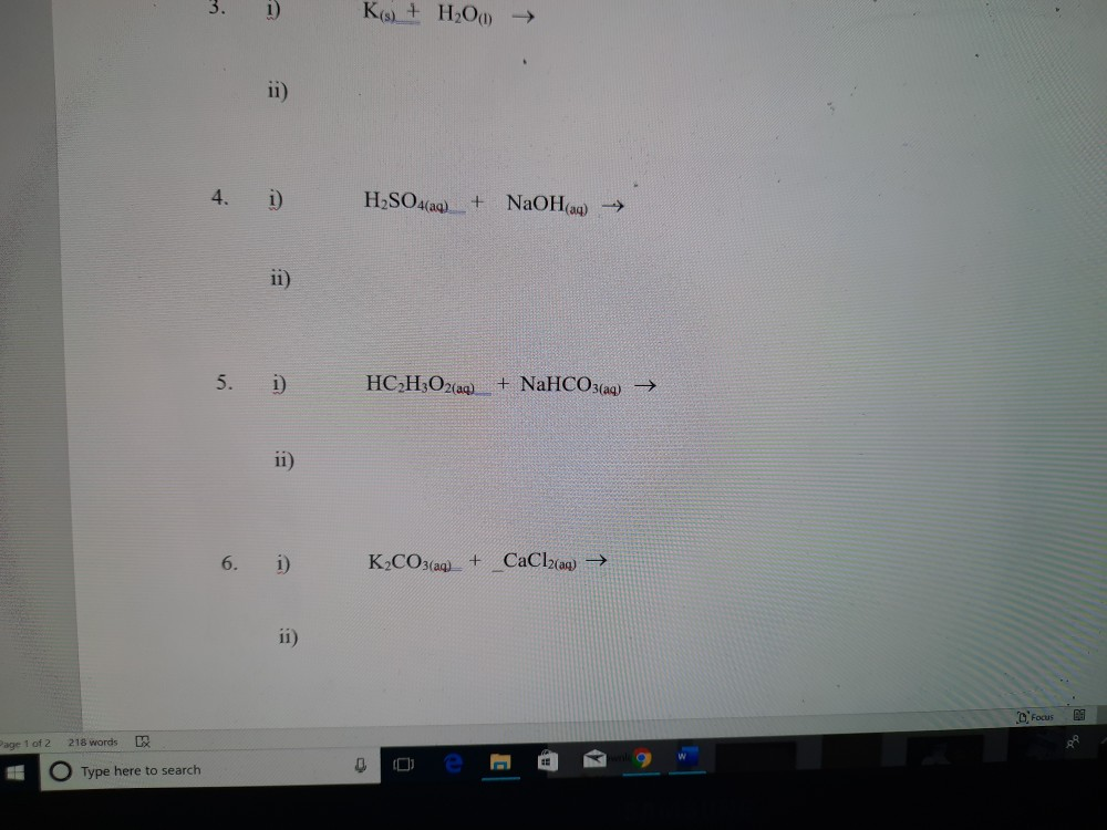 Solved 1) K(s) + H2O1) 4. 1) H2SO4(aq) + NaOH(aa) 11) 5. i) | Chegg.com