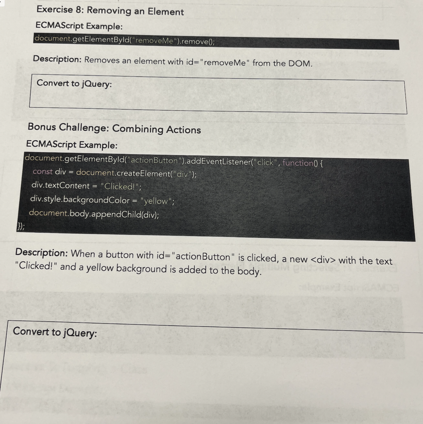 Solved Exercise 8: Removing an Element ECMAScript Example: | Chegg.com