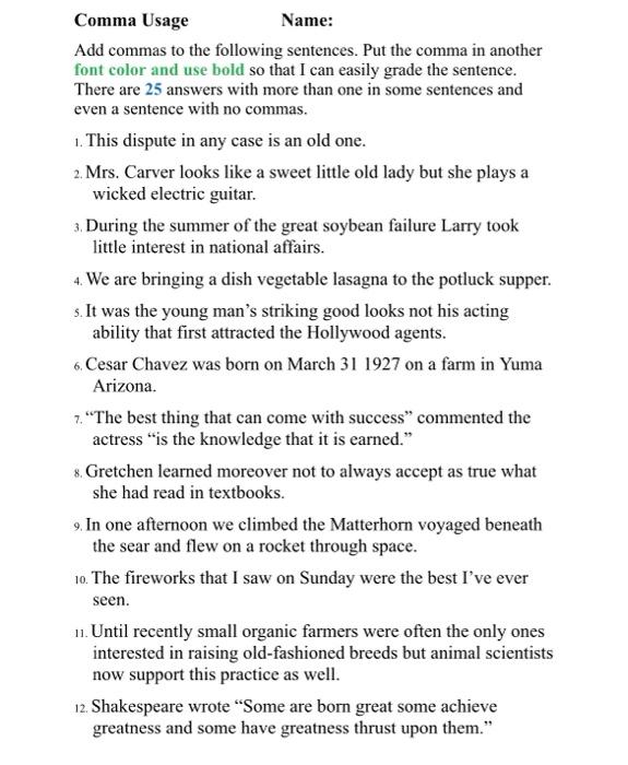 Solved Comma Usage Name: Add commas to the following | Chegg.com