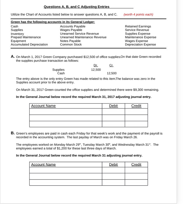 Solved Questions A, B, and C Adjusting Entries Utilize the | Chegg.com