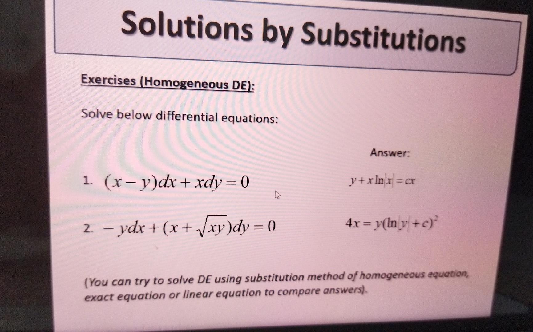 Solved Solutions by Substitutions Exercises (Homogeneous | Chegg.com