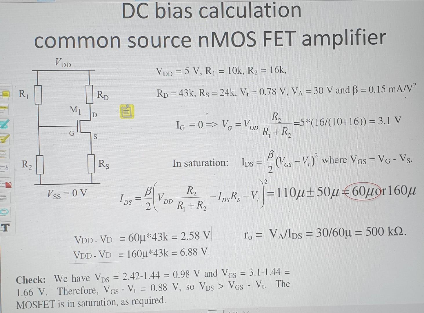 Solved DC bias calculation common source n MOS FET amplifier | Chegg.com