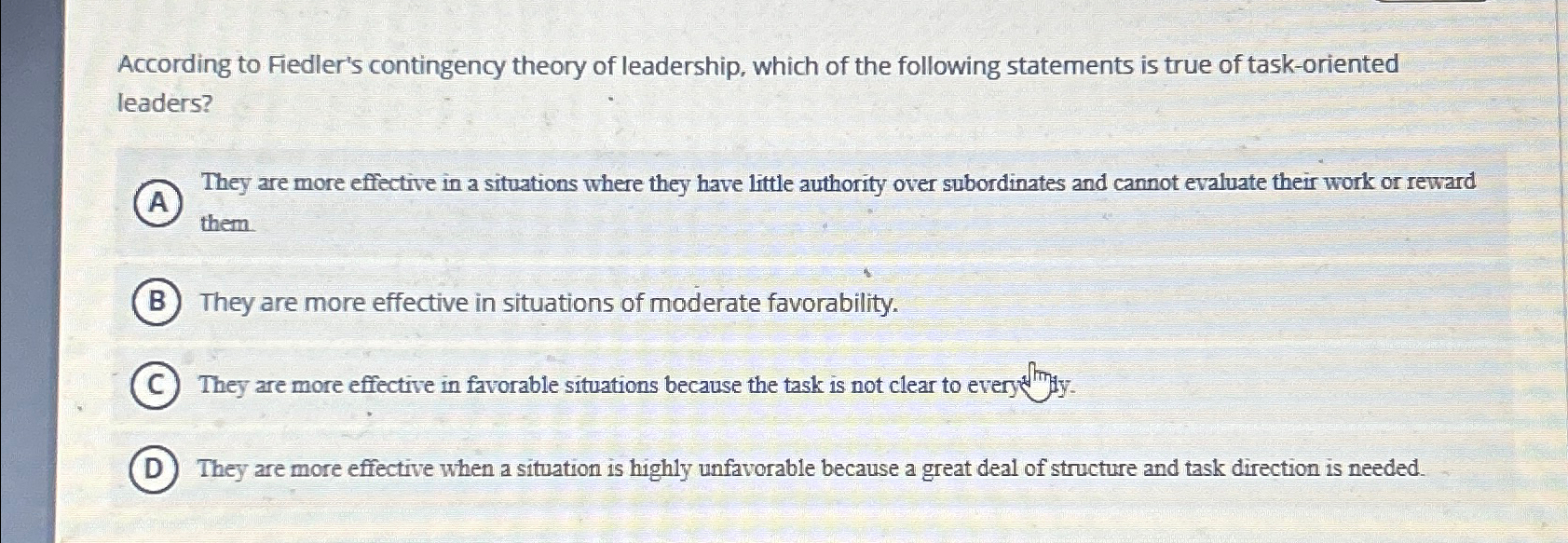 Solved According to Fiedler's contingency theory of | Chegg.com