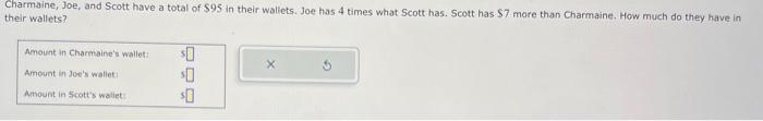 Solved Charmaine, Joe, and Scott have a total of $95 in | Chegg.com