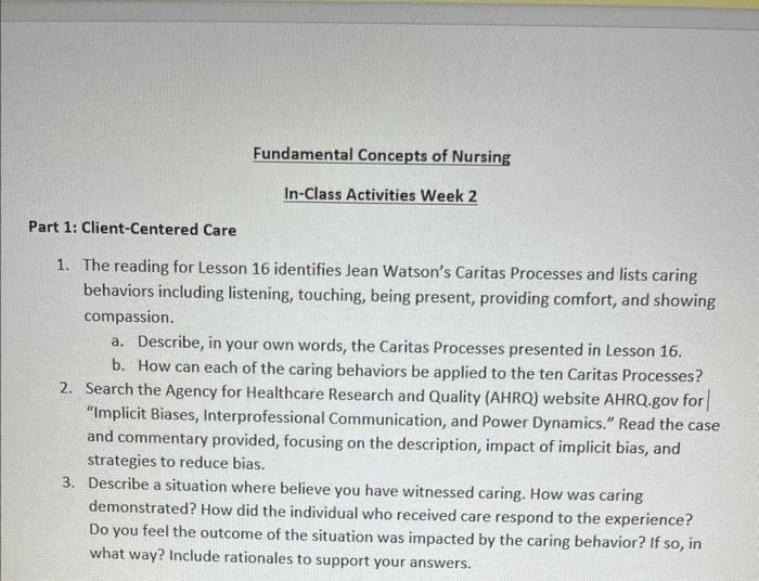 Sart 1: Client-Centered Care 1. The reading for | Chegg.com