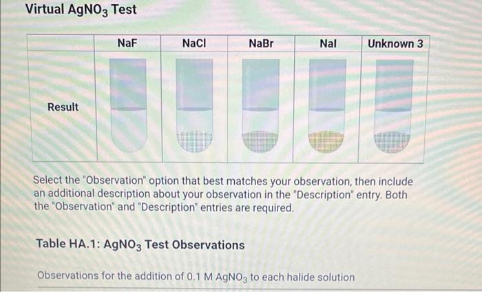 Virtual AgNO3 Test Select the "Observation" option | Chegg.com