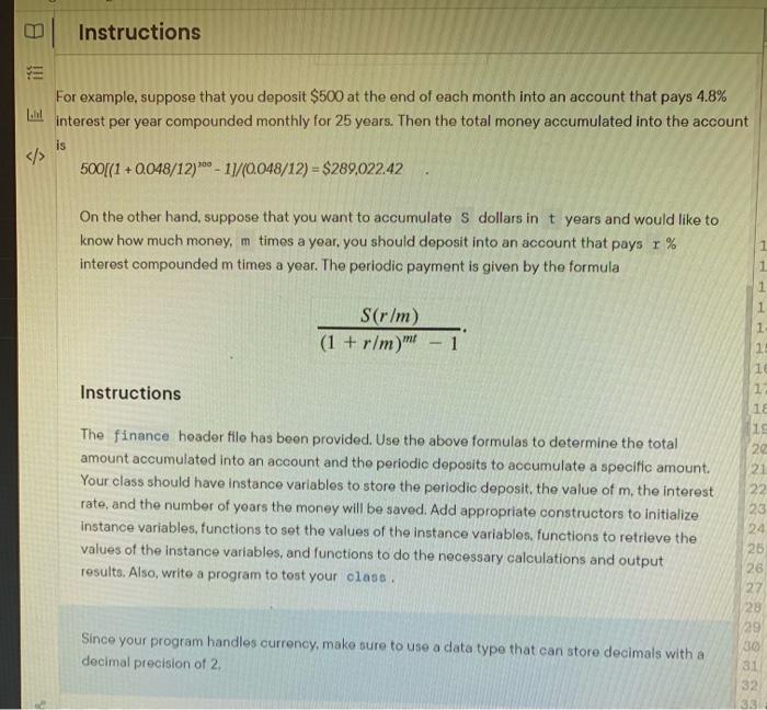 Solved I am needing finance.cpp and main.cpp, finance.h has | Chegg.com