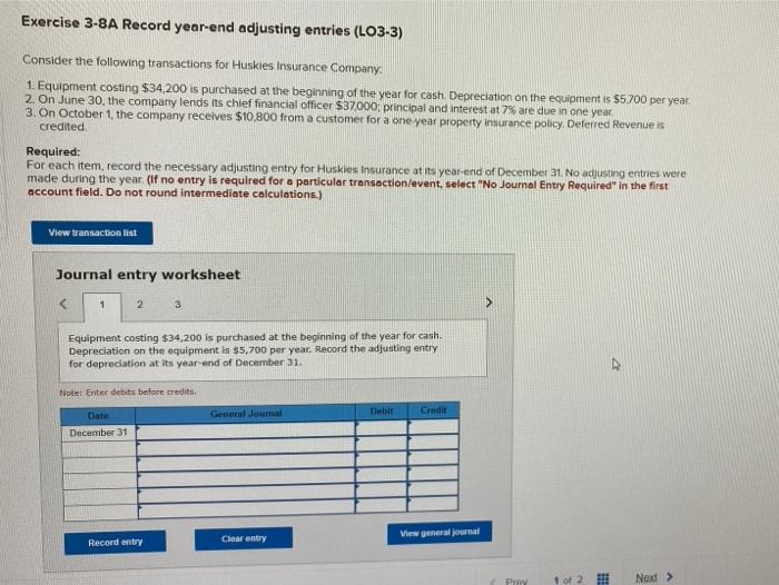 Solved Exercise 3-8A Record year-end adjusting entries | Chegg.com