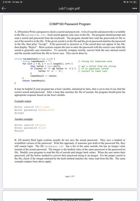 3:08 e Lab7 Login.pdf *** COMP160 Password Program | Chegg.com