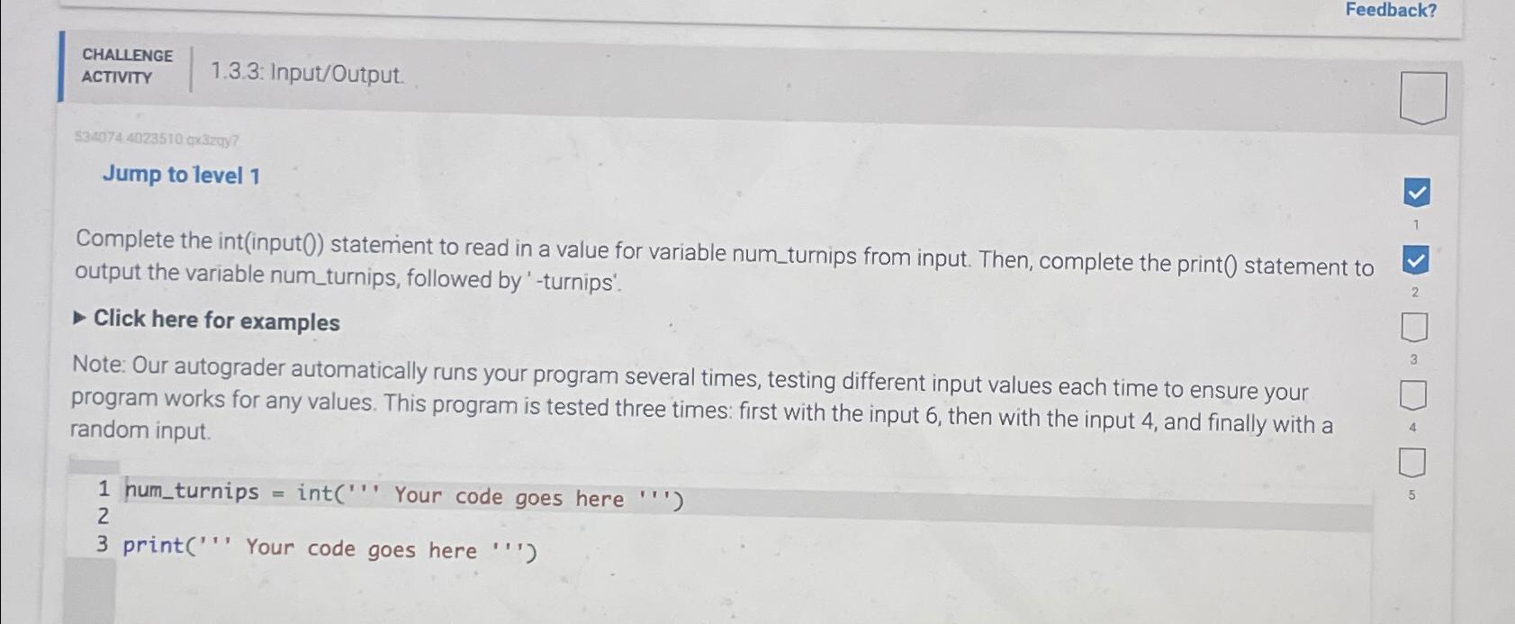 Solved Feedback?CHALLENGEACTIVITY1.3.3: | Chegg.com