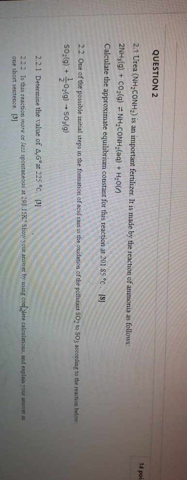 Solved QUESTION 2 14 poi 2.1 Urea (NH,CONH2) is an important | Chegg.com