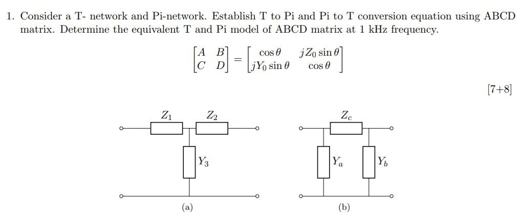 Solved 1. Consider a T- network and Pi-network. Establish T | Chegg.com
