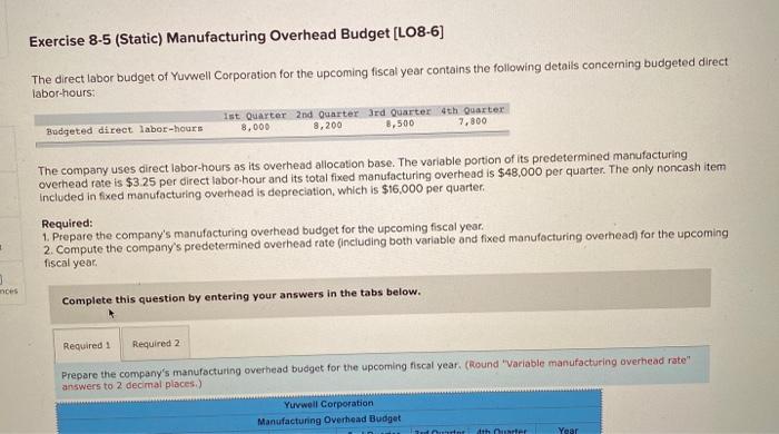 Solved Exercise 8-5 (Static) Manufacturing Overhead Budget | Chegg.com Solved Exercise 8-5 (Static) Manufacturing Overhead Budget | Chegg.com