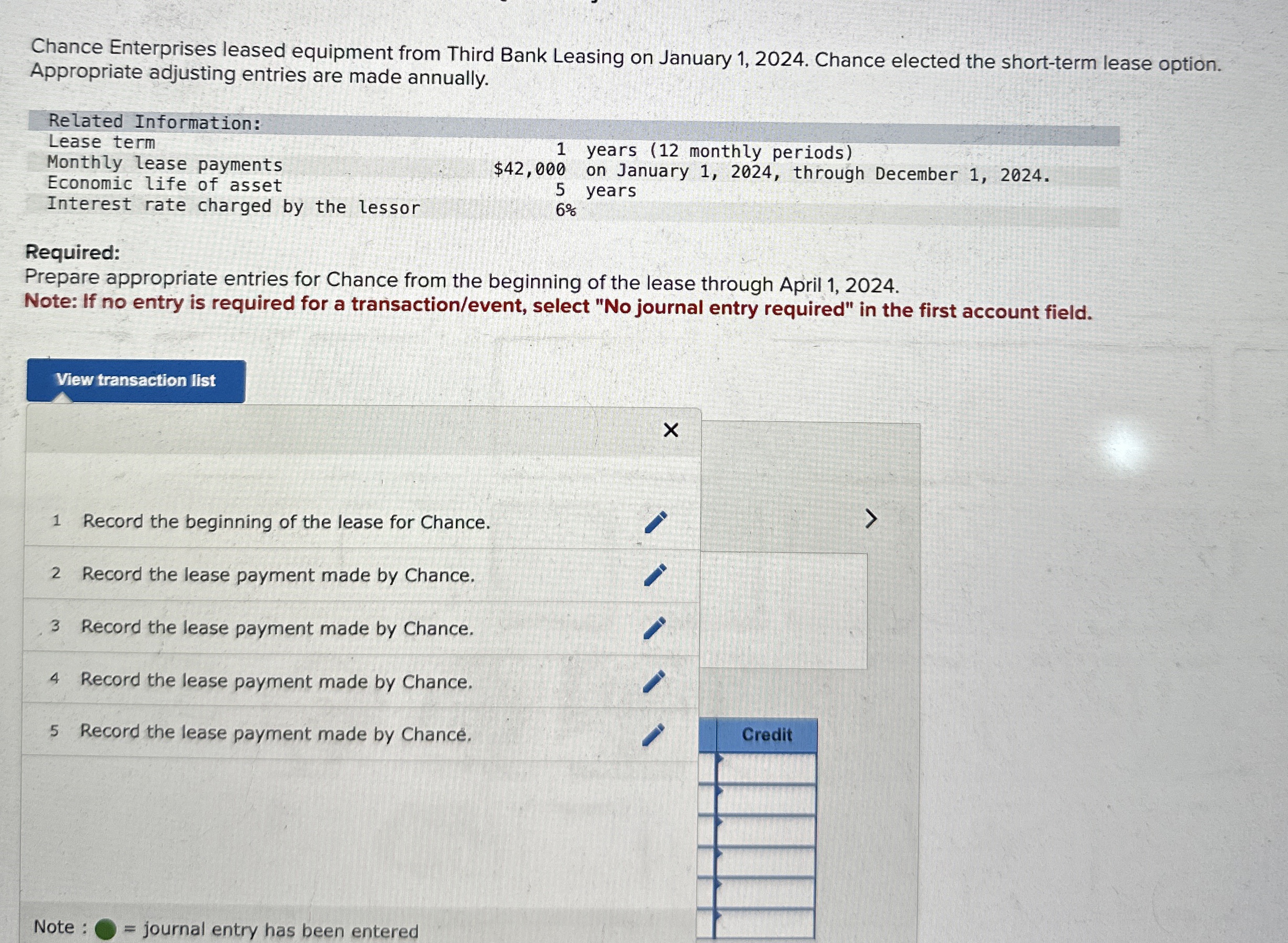 Solved Chance Enterprises leased equipment from Third Bank | Chegg.com