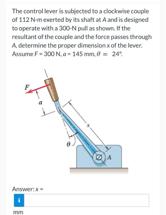 Solved The control lever is subjected to a clockwise couple | Chegg.com