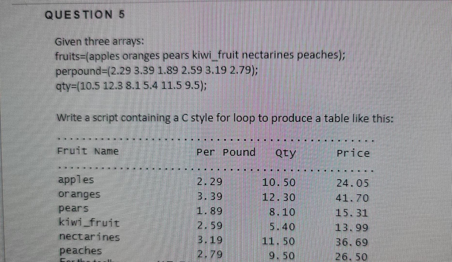 Solved QUESTION 5 Given three arrays: fruits=(apples oranges | Chegg.com
