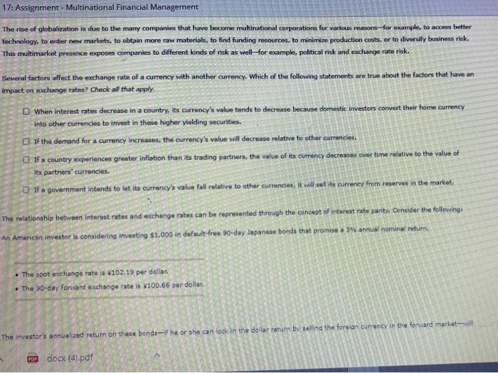 Solved 17: Assignment - Multinational Financial Management | Chegg.com